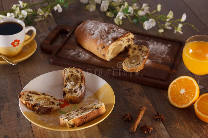Easter Breakfast with Raisin Bread, Orange Juice and Coffee Stock Photo ...