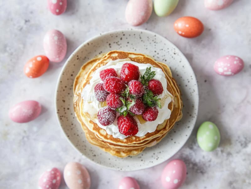 Easter Breakfast Table with Pancakes and Decorated Eggs for Spring ...