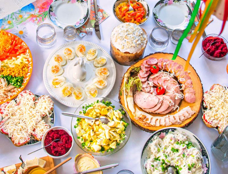 Easter Breakfast with Traditional Holiday Dishes and Easter Cake Stock ...