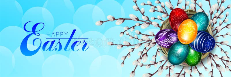 Easter Bright Banner. Text Happy Easter, Eggs in a Nest or Basket Stock ...
