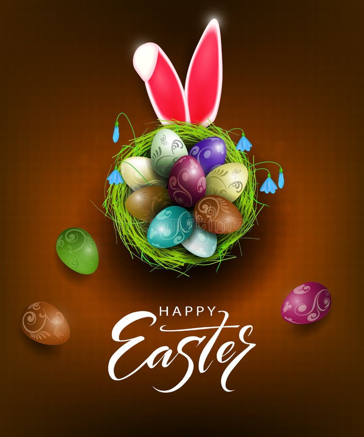 Easter Brown Card with Nest and Eggs, Bunny Ears Stock Vector ...