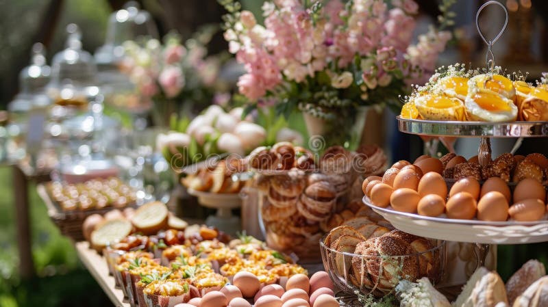 Easter Brunch Buffet with Baked Goods, Pastries, Eggs and Fresh Spring ...