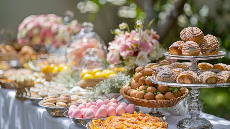 Easter Brunch Buffet with Selection of Pastries, Colored Eggs and Fresh ...