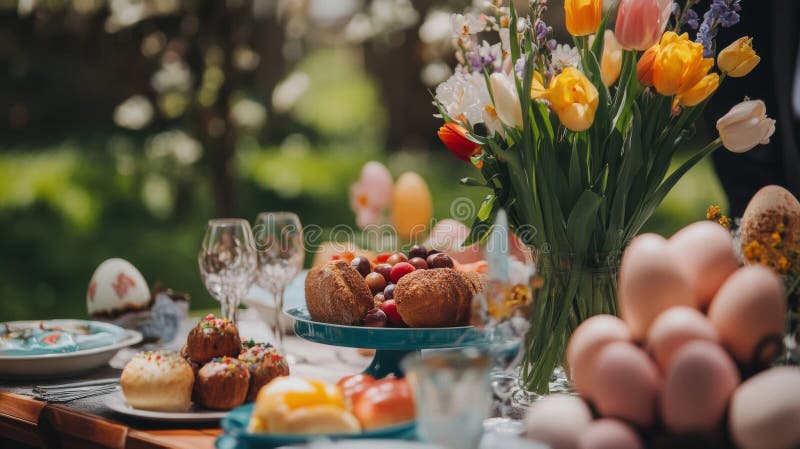 Easter Brunch Feast in a Spring Garden Stock Illustration ...