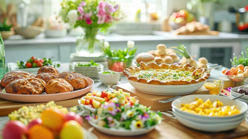Easter Brunch Table with Assorted Dishes Stock Illustration - Illustration of salad, celebration ...