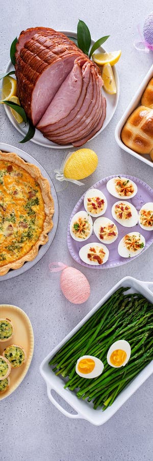 Easter Brunch Table with Ham, Quiche, Hot Cross Buns Stock Image ...