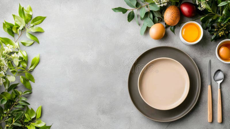 Easter Brunch Table Set with Pastel Plates, Eggs, and Greenery on Gray ...