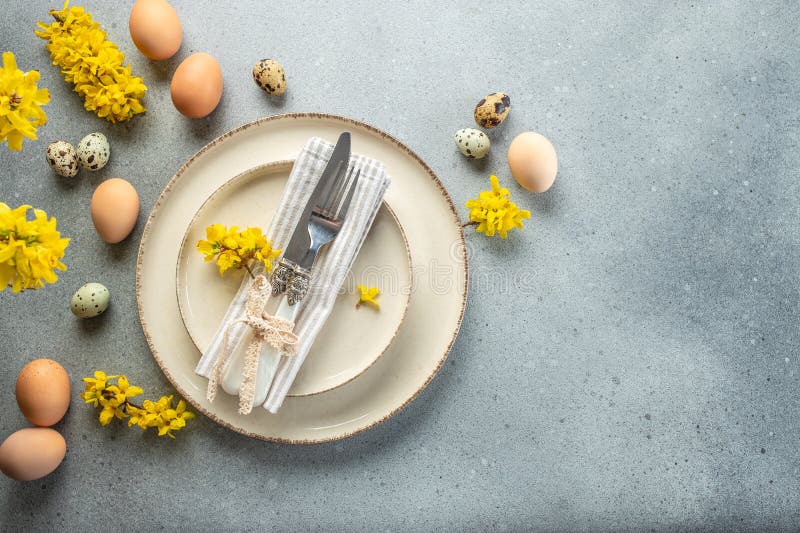 Easter Brunch Table Setting. Easter Egg in Bunny Napkin on Plate with ... Easter Brunch Table Setting. Easter Egg in Bunny Napkin on Plate with ...