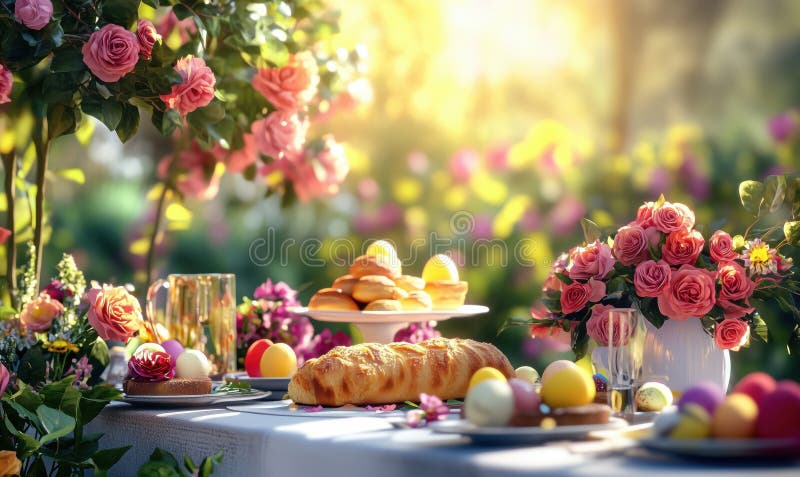 Easter Brunch Table Setting with Flowers, Pastries, and Colorful Eggs ...