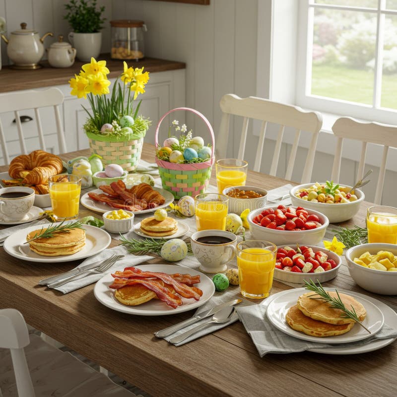 Easter Brunch Table Setting with Pancakes and Bacon Stock Illustration - Illustration of joyful ...