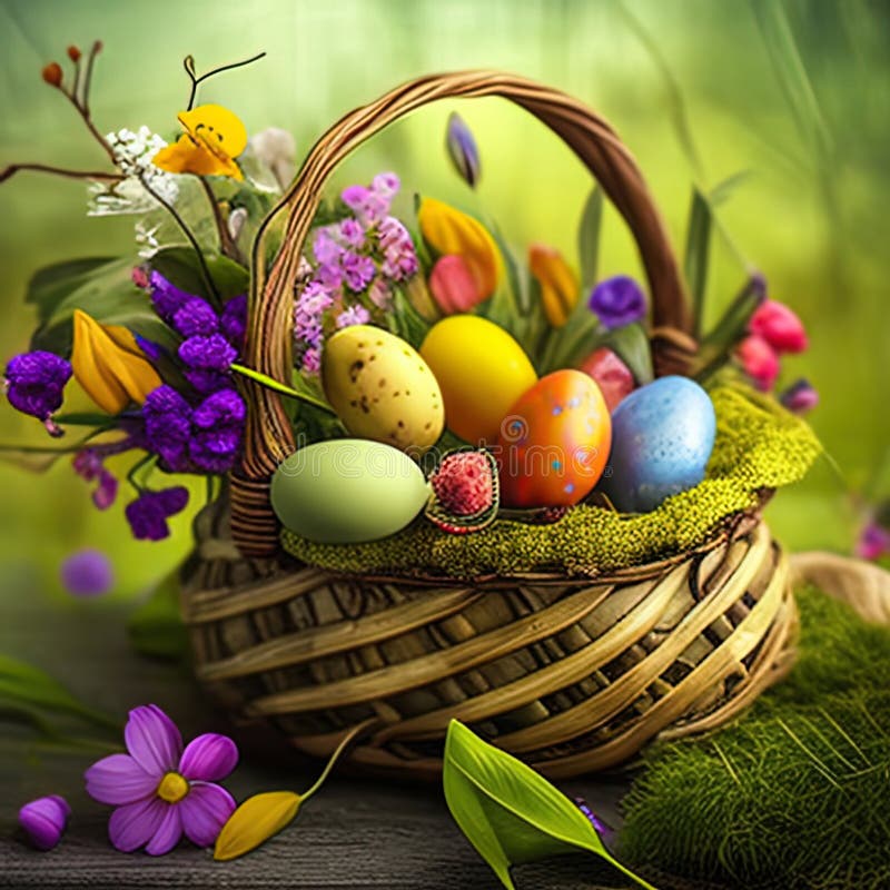 Easter Bucket with Eggs and Flowers for Spring Easter Stock ...