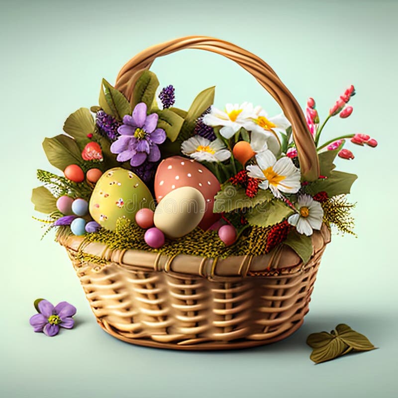 Easter Bucket with Eggs and Flowers for Spring Easter Stock ...