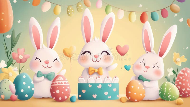 Easter Bunnies Celebrating Spring with Colorful Eggs and Cheerful ...