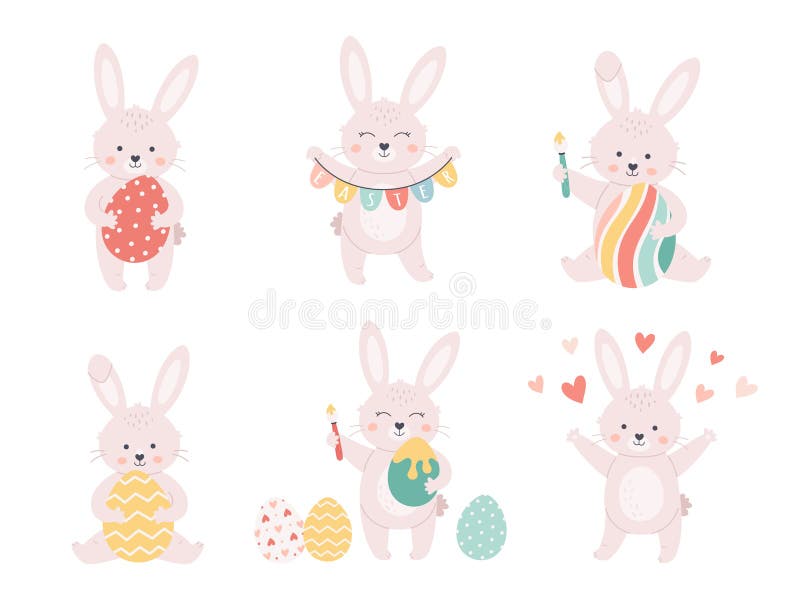 Easter Bunnies Collection. Bunny with Easter Eggs. Happy Easter. Hand ...