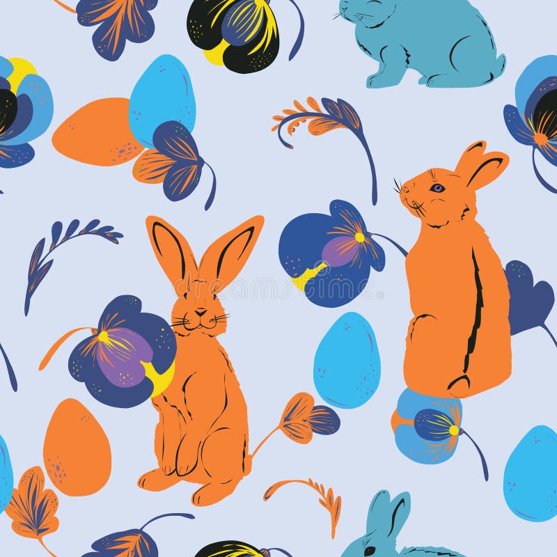Easter Bunnies, Eggs and Stylized Flowers Hand Drawn Vector Seamless ...