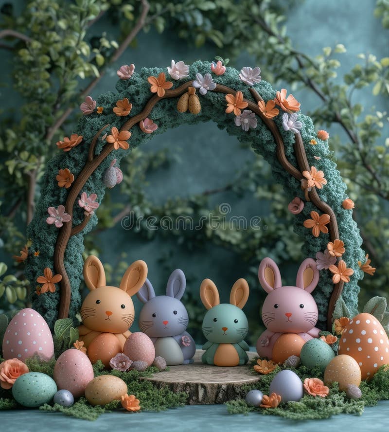 Easter Bunnies and Eggs Under Flower Arch Stock Photo - Image of cute ...