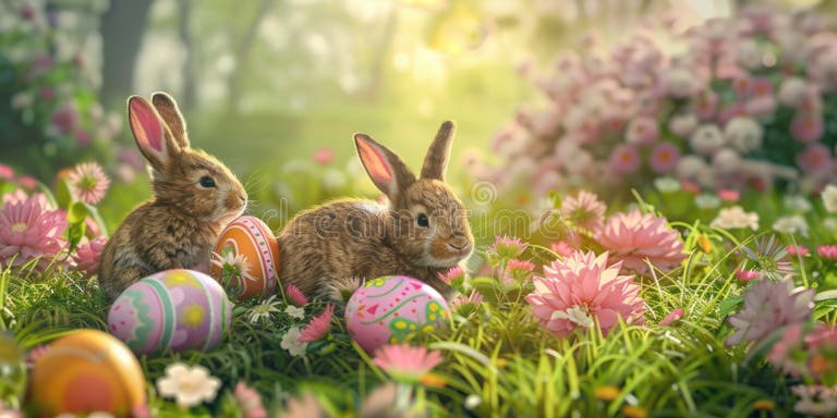 Easter Bunnies in a Flower Field Stock Image - Image of sitting ...