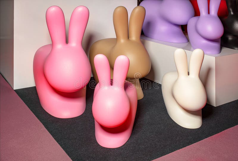 Multi-colored Stylized Figurines of Large and Small Easter Rabbits ...