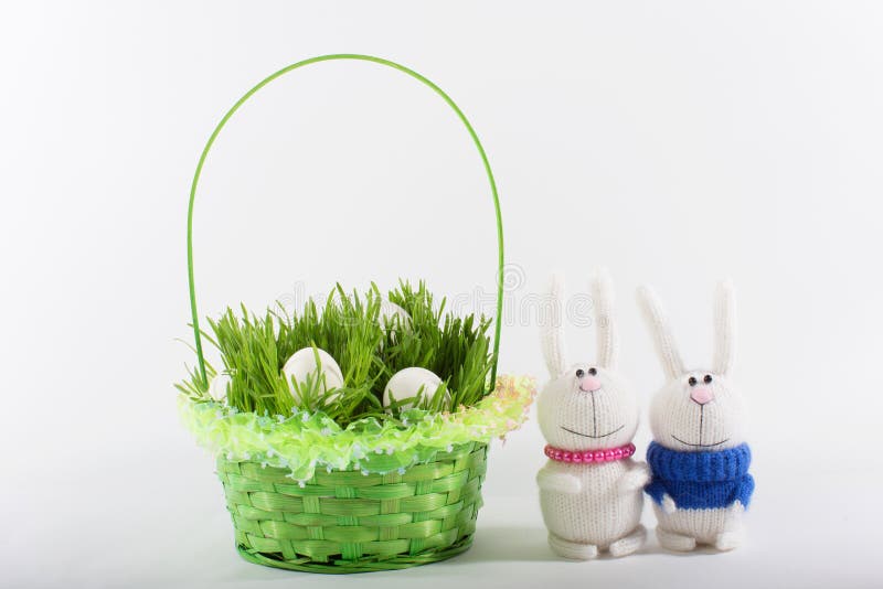 Easter Bunnies with Green Basket and Eggs Stock Image - Image of spring ...