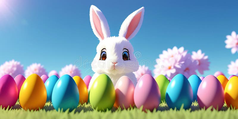 Easter Bunnies Sit Quietly in a Lush Green Field Surrounded by Brightly ...
