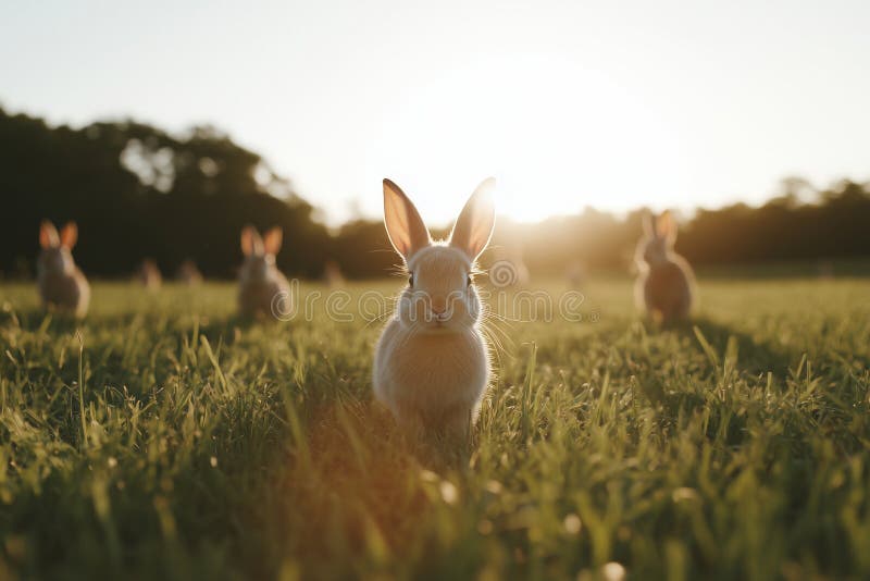 Easter Bunnies in a Sunset Forest while Looking at the Camera Stock ...