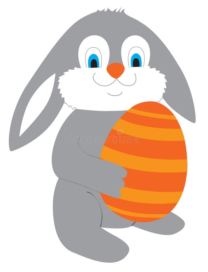Gray Easter Rabbit Sitting and Holding Egg. Cute Cartoon Easter Bunny ...