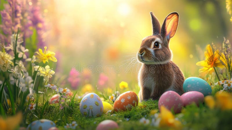 Easter Bunny Amidst Spring Flowers and Eggs Stock Illustration ...
