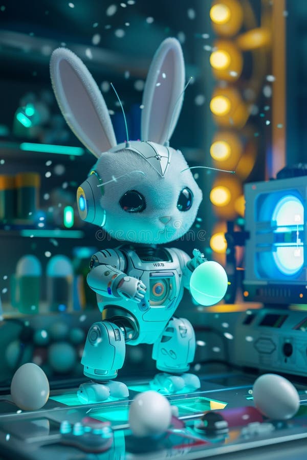 Easter Bunny As a Robot Distributing Glowing Eggs in a High Tech ...