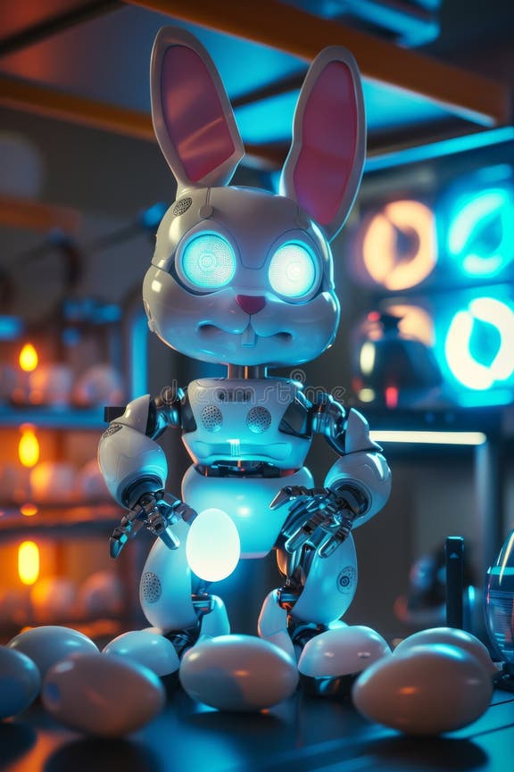 Easter Bunny As a Robot Distributing Glowing Eggs in a High Tech ...