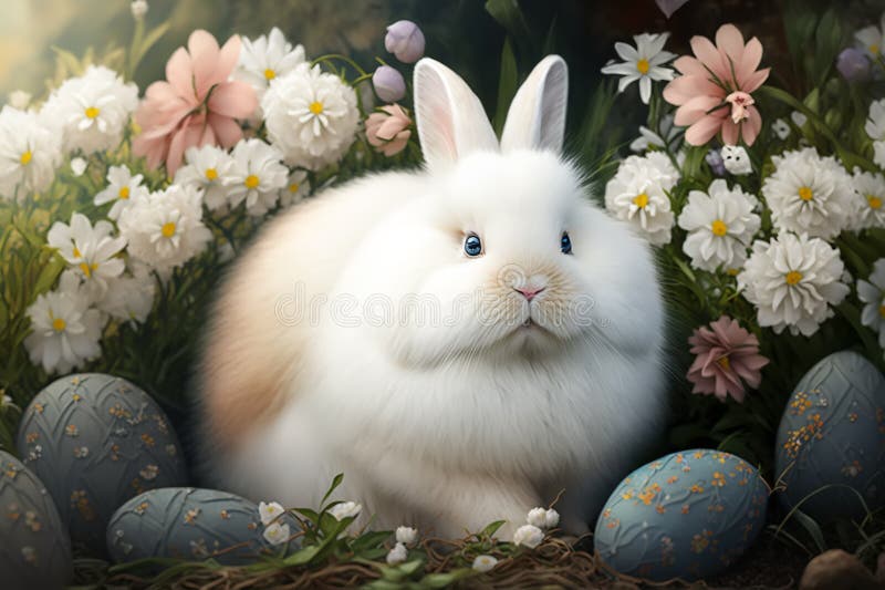 Easter Bunny in a Basket with Colored Eggs and a Beautiful Magical ...