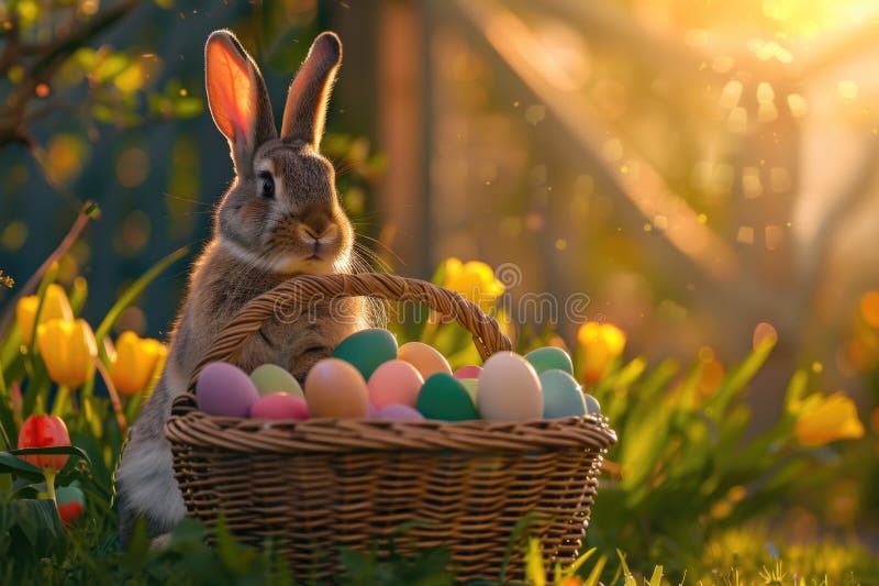 Easter Bunny with a Basket of Decorated Eggs among Spring Flowers at ...
