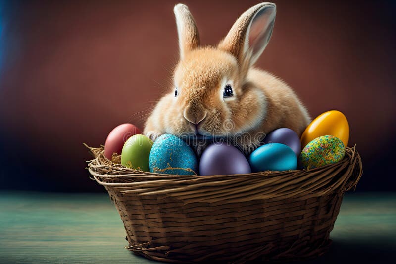 Easter Bunny in a Basket with Easter Eggs, Ai Generative Stock ...