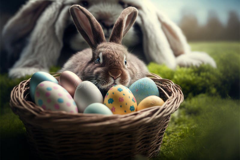 Easter Bunny, Basket and Eggs Created with Generative AI Technology ...
