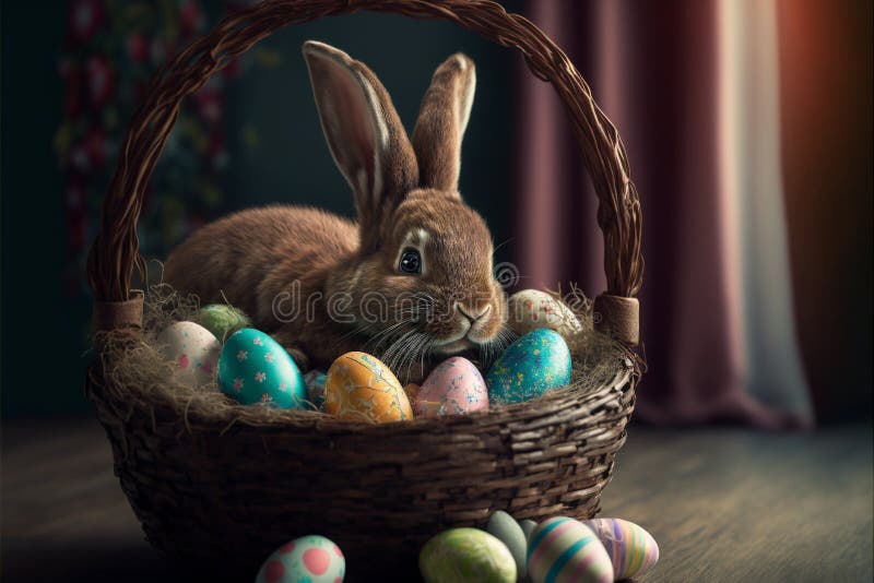 Easter Bunny, Basket and Eggs Created with Generative AI Technology ...