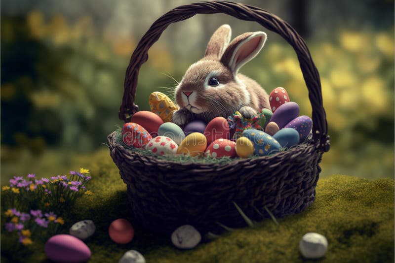 Easter Bunny, Basket and Eggs Created with Generative AI Technology ...
