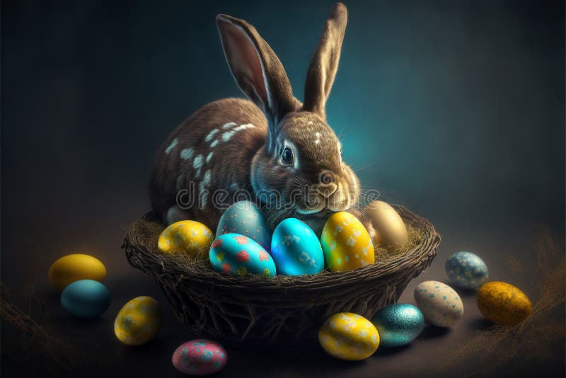 Easter Bunny, Basket and Eggs Created with Generative AI Technology ...