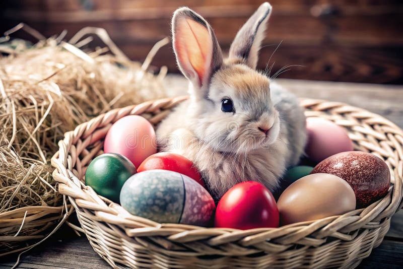 Easter Bunny in Basket with Eggs, Hay Background Stock Illustration ...
