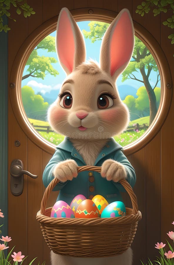 Easter Bunny with a Basket of Eggs Painted with Bright Patterns ...