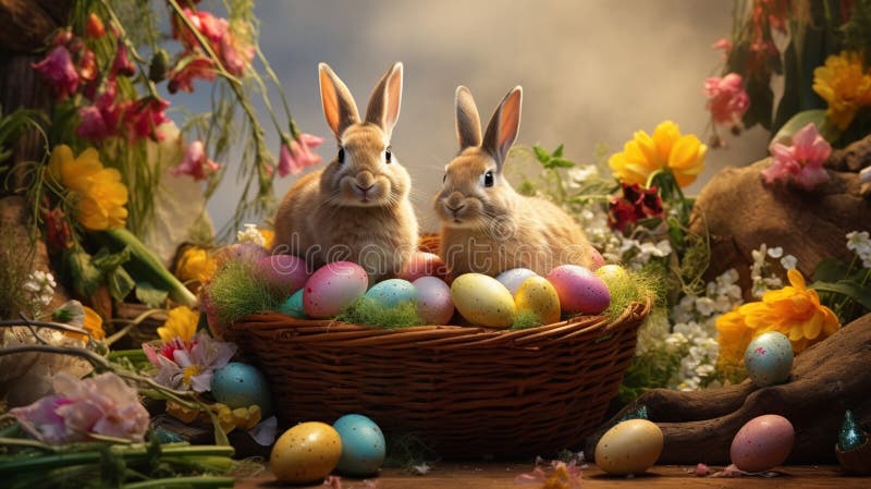 Easter Bunny in a Basket and a Basket of Eggs. Rabbit on a Card ...