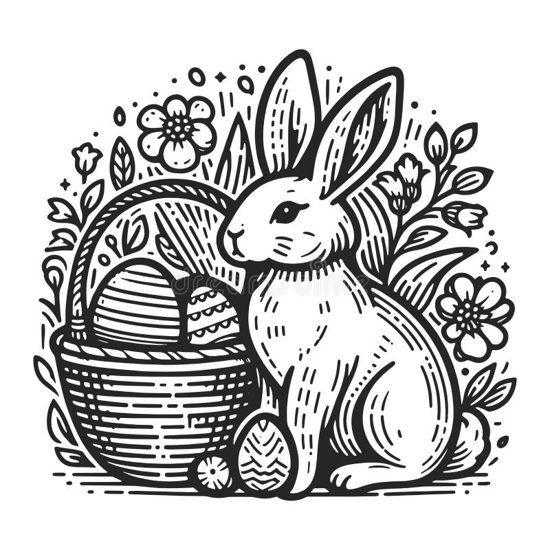 Easter Bunny with Basket and Eggs Sketch Vector Stock Vector ...