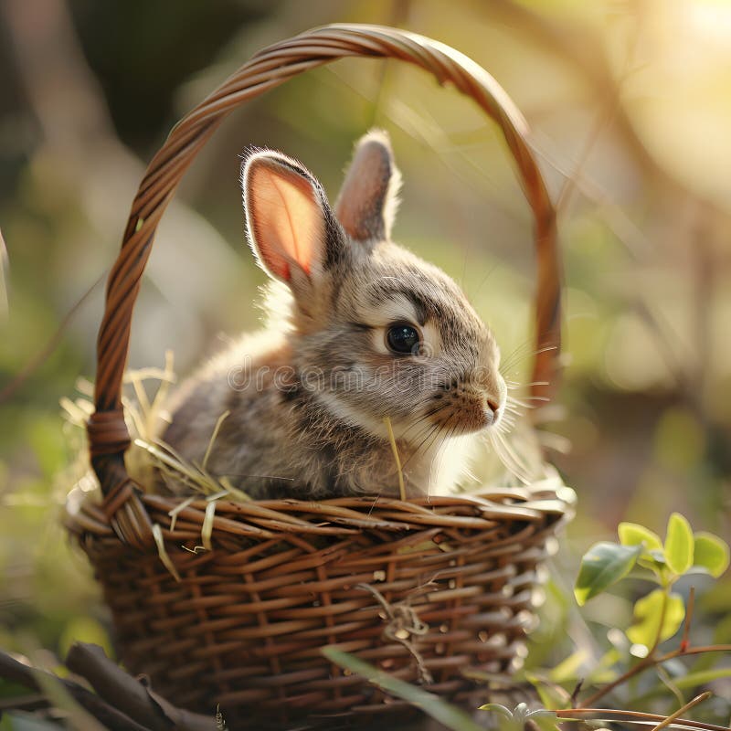 Easter Bunny in Basket, Rabbit in a Wicker Basket, Stock Illustration ...