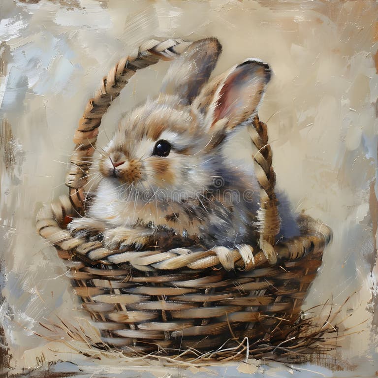Easter Bunny in Basket, Rabbit in a Wicker Basket Stock Illustration ...
