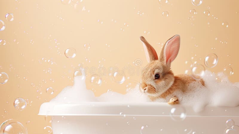 Easter Bunny Bathes in a Bath on a Beige Background with Copy Space ...