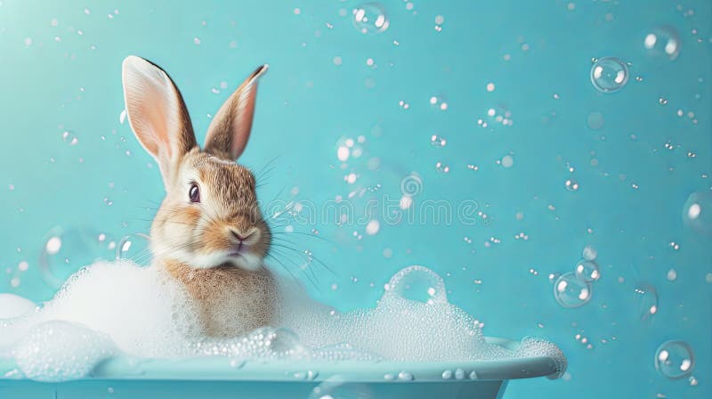 Easter Bunny Bathes in a Bath on a Blue Background with Copy Space ...