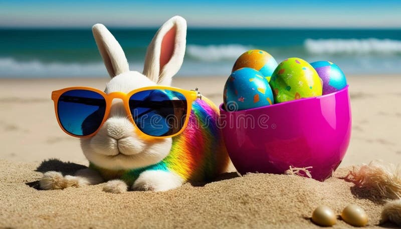 Easter Bunny On The Beach With Easter Eggs Stock Illustration