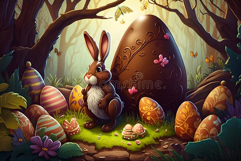 Easter Bunny, Big Chocolate Egg and Colored Eggs in a Magical Fairy ...