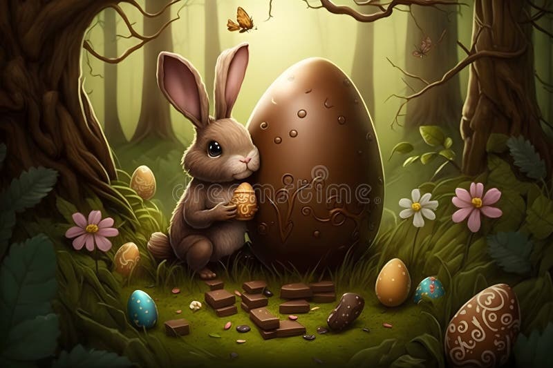 Easter Bunny, Big Chocolate Egg and Colored Eggs in a Magical Fairy ...