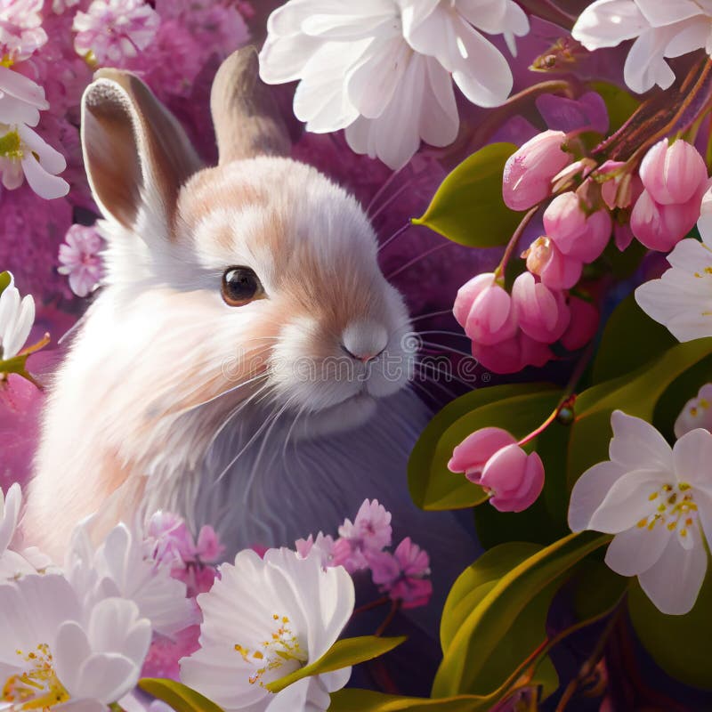 Easter Bunny in Blossom Flowers, Spring Background. Stock Photo - Image ...