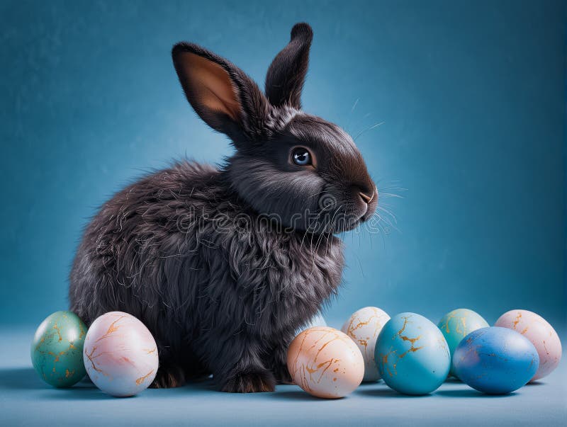 Easter Bunny on a Blue Background with Colorful Eggs Stock Illustration ...