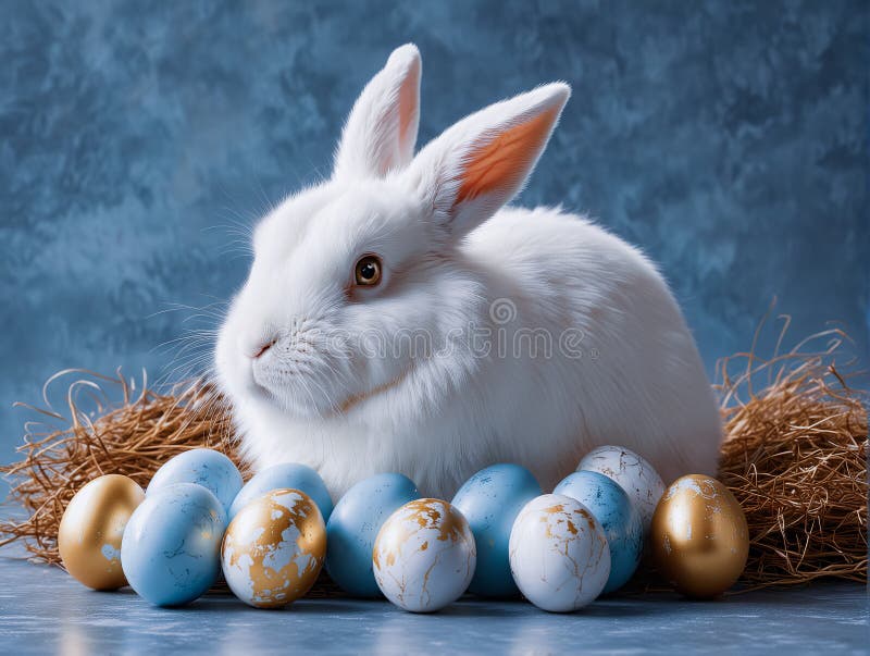 Easter Bunny on a Blue Background with Colorful Eggs Stock Illustration ...